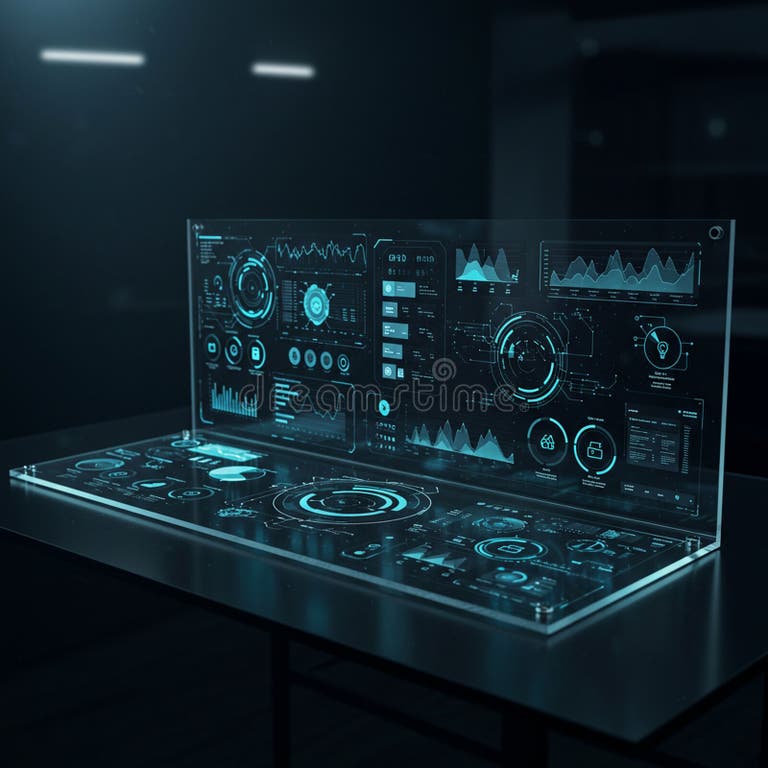 A Futuristic, Transparent Digital Interface Displaying Various Data Visualizations, Includin ...