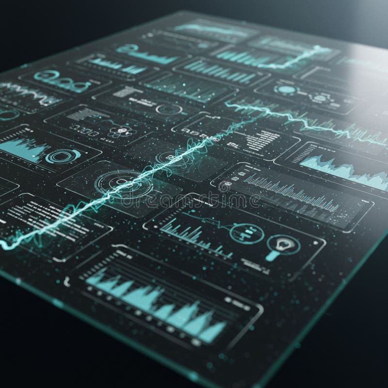 Futuristic Transparent Digital Interface with Various Data Visualizations, Including Bar Stock ...