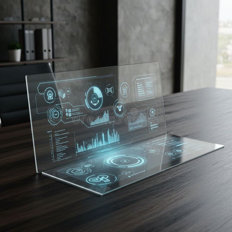 A Futuristic, Transparent Glass Computer Screen Displays Digital Interfaces with Variou Stock ...