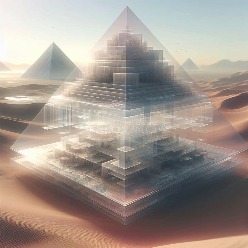 A Futuristic Transparent Pyramid Structure in a Desert Landscape, with ...