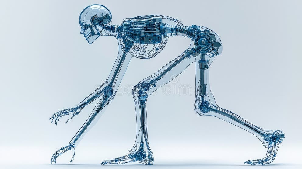 Futuristic Transparent Robot Skeleton in Running Pose with Mechanical ...