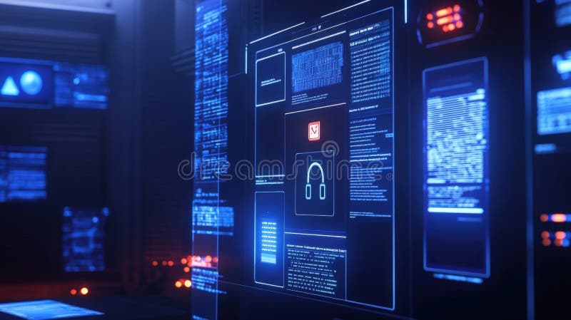 Futuristic Transparent Screen Displaying Code and Data in a Server Room ...
