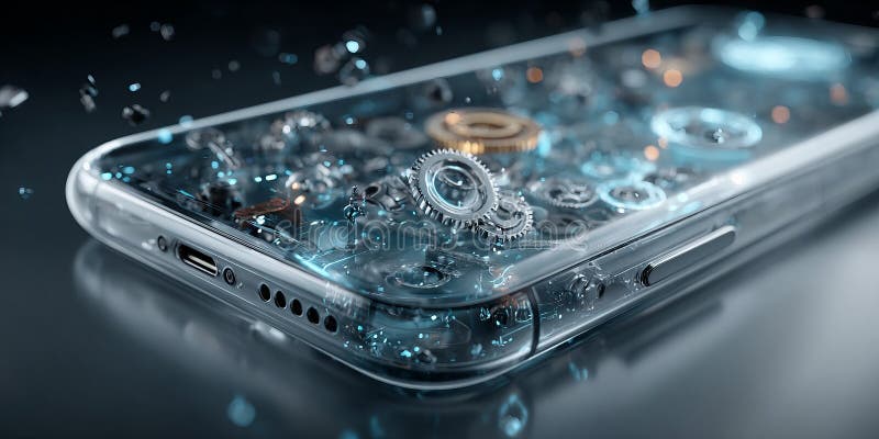 Futuristic Transparent Smartphone with Visible Mechanical Gears and ...