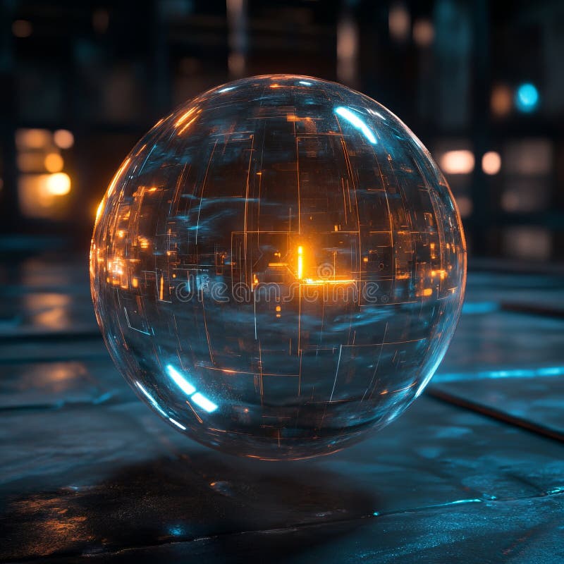 Futuristic Transparent Sphere with Glowing Lights in a Dark Industrial ...