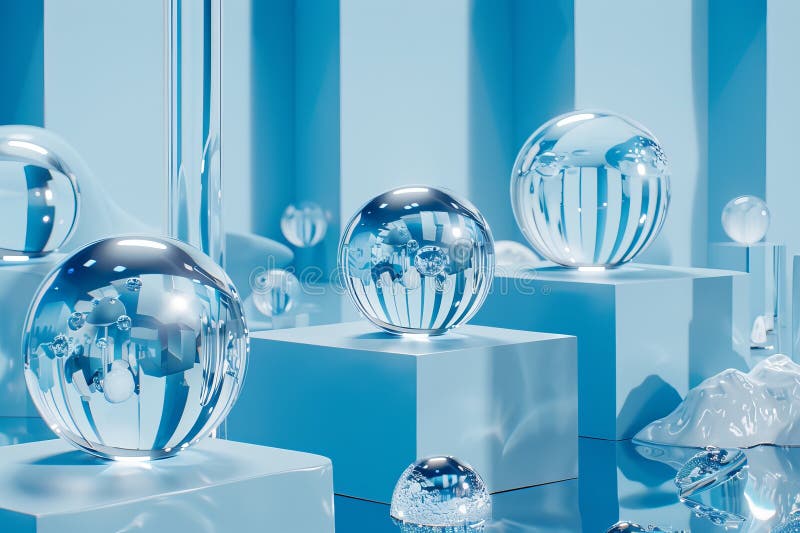 Futuristic Transparent Spheres on Geometric Blue Backdrop Stock ...