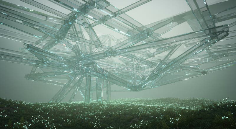 Futuristic Transparent Structure Over Abstract Landscape with Glowing ...