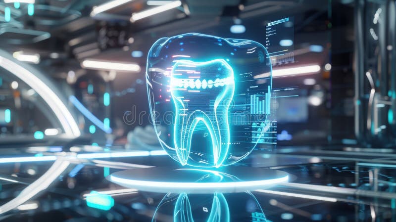 Futuristic Transparent Tooth on a Technological Background. Medicine ...