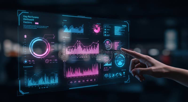 A Futuristic Transparent Touchscreen Display Showcases Various Data Visualizations Stock ...
