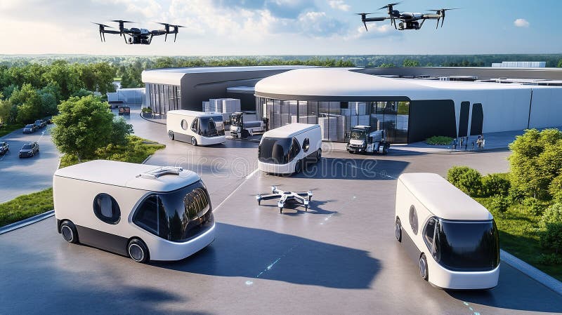 Futuristic Transport Hub with Drones and Autonomous Vehicles at a ...