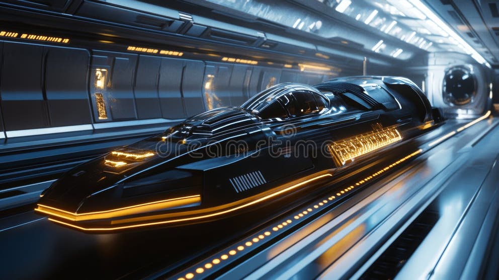 Futuristic Transport Hub Featuring a Sleek Hyperloop Train Illuminated ...