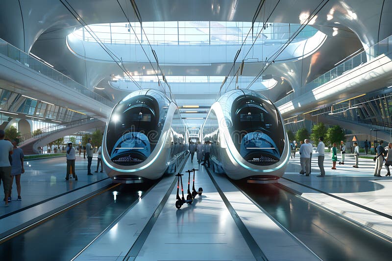 Futuristic Transport Hub with Trains, Buses, and Trams Stock ...