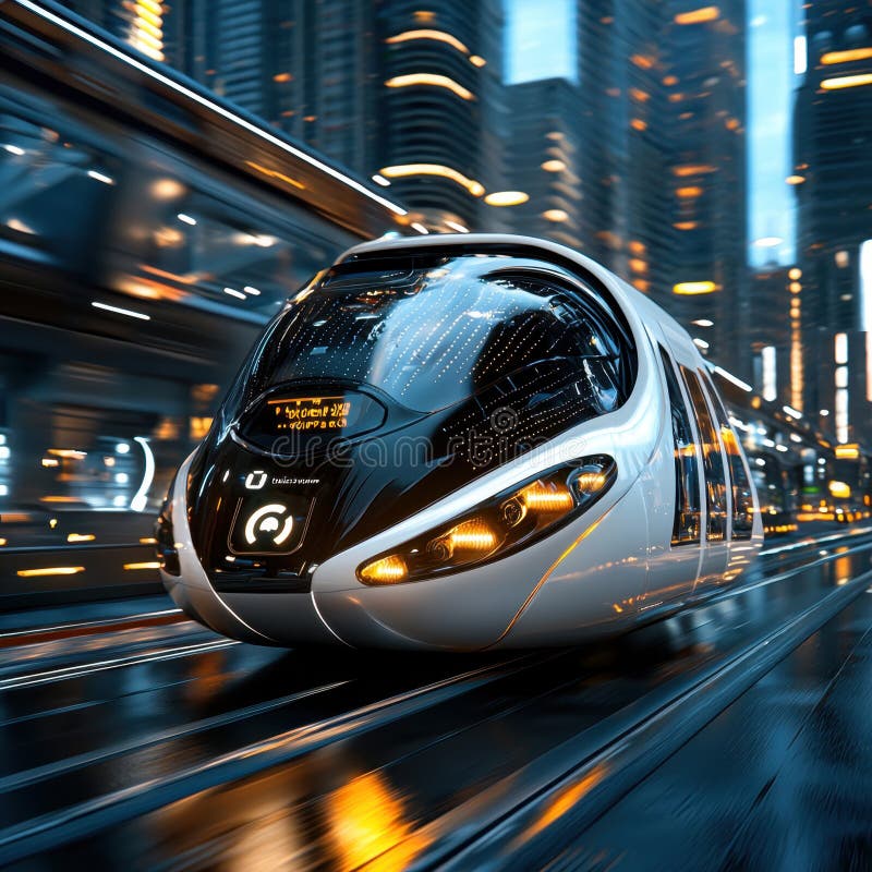 Futuristic Transport System with Sleek Design and Urban Backdrop Stock ...