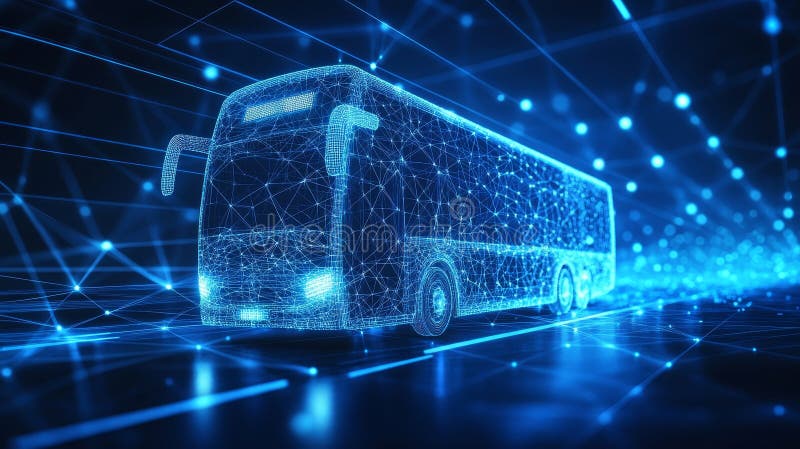 Futuristic Transportation, Digital Bus on Blue Technology Background ...