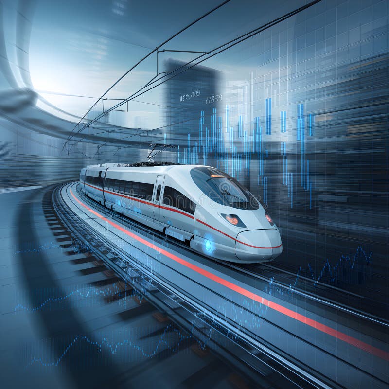 High-speed Train Moves Along Curved Track, Overlaid with Data Points ...
