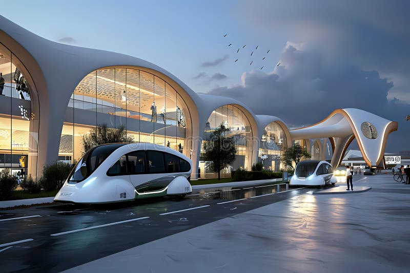 Futuristic Transportation System, Autonomous Vehicles Navigate Sleek ...