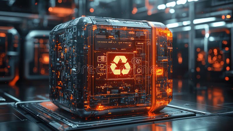 Futuristic Trash Container with Glowing Elements and Recycling Symbol ...