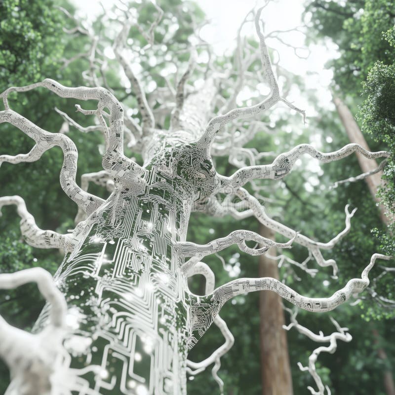 Futuristic Tree with Circuit Patterns Soaring in a Dense Green Forest ...
