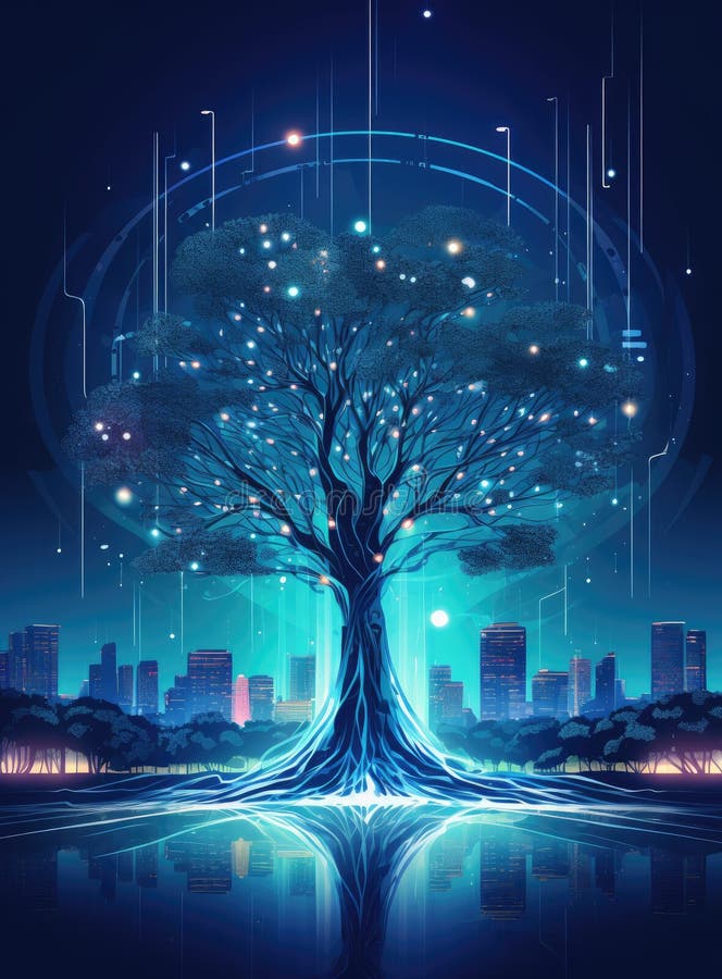 Futuristic Tree in the City at Night. Vector Illustration Stock ...