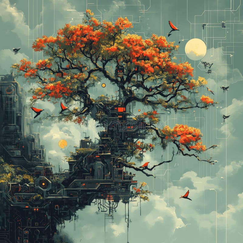 Futuristic Tree on a Floating Platform with Birds and Circuits Stock ...