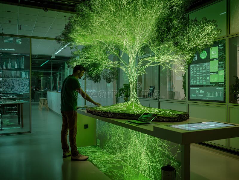 Futuristic Tree with Glowing Branches in a Modern High Tech Office ...