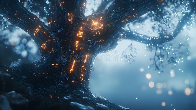 Futuristic Tree with Glowing Circuitry in Misty Enchanted Forest Stock ...