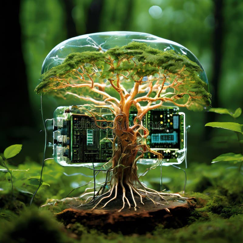 Cybernetic Tree Merging Technology with Nature in a Forest Stock Photo ...