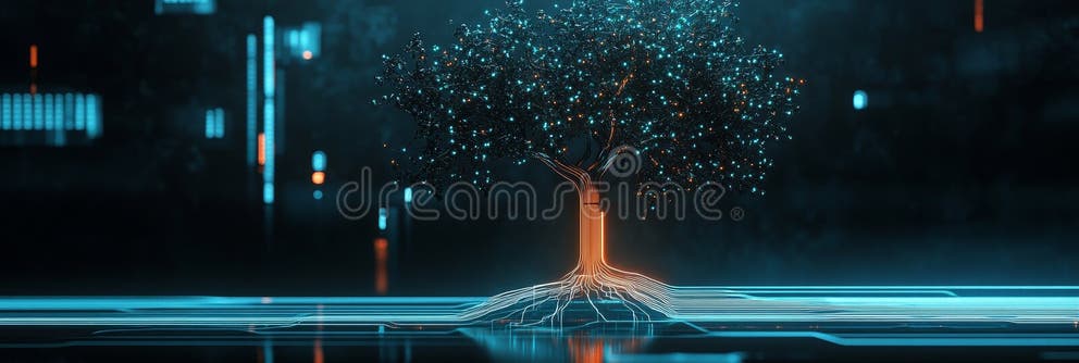 Digital Tree of Growth Futuristic Tree Glowing Roots Data Network ...