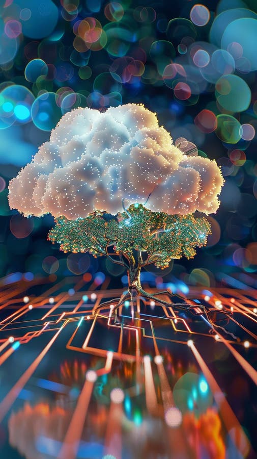 Futuristic Tree Growing on Digital Landscape Stock Illustration ...