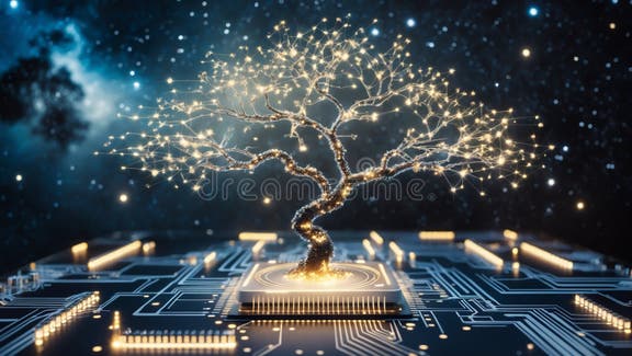 Futuristic Tree Illuminated with Glowing Lights Rising Above a Computer ...