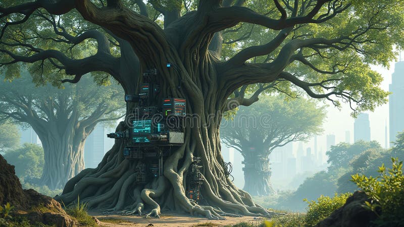 Futuristic Tree of Life: Ancient Banyan Meets High-Tech in Urban Oasis ...
