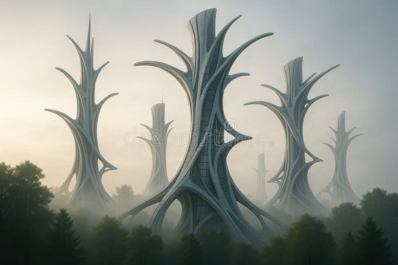 Futuristic Tree-shaped Skyscrapers Rise Above Forest Mist, Blending ...