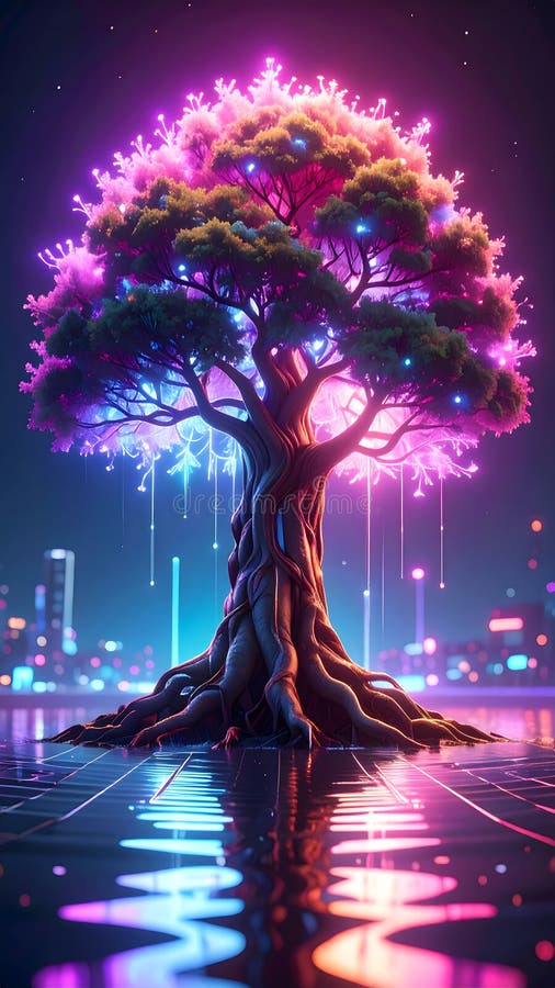 Futuristic Tree with Stone Trunk and Copper Circuit Branches Stock ...