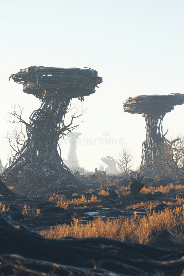 Futuristic Tree Structures in Barren Landscape at Sunrise. Stock Image ...