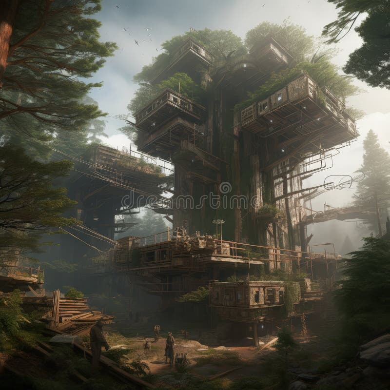 Futuristic Treehouse Complex in Lush Forest Setting Stock Photo - Image ...