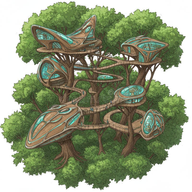 Futuristic Treehouse Complex with Multiple Pod-like Structures ...