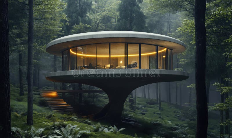 Futuristic Treehouse Design Nestled in Lush Forest, Featuring Circular ...