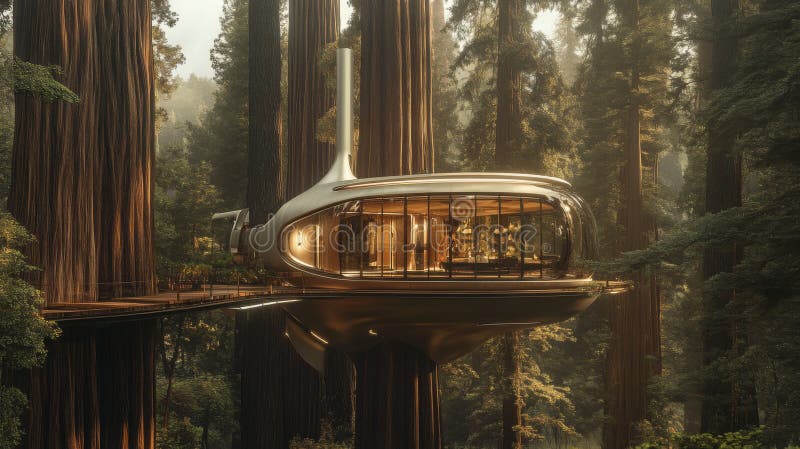 Futuristic Treehouse Nestled Amidst Tall Redwood Trees Stock ...