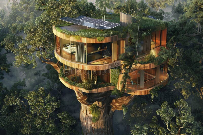 Futuristic Treehouse with Panoramic Windows and Solar Panels. Stock ...