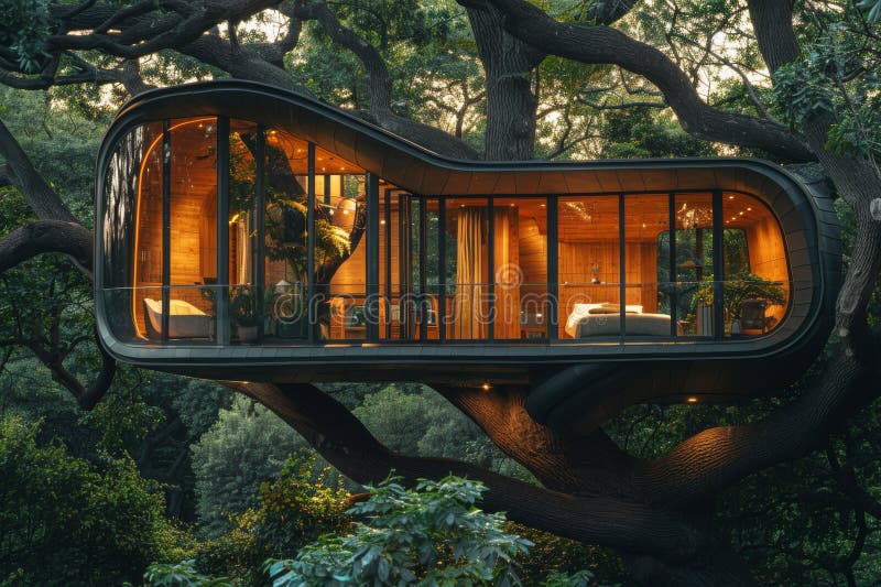 Futuristic Treehouse with Sleek Design and Panoramic Forest Views ...