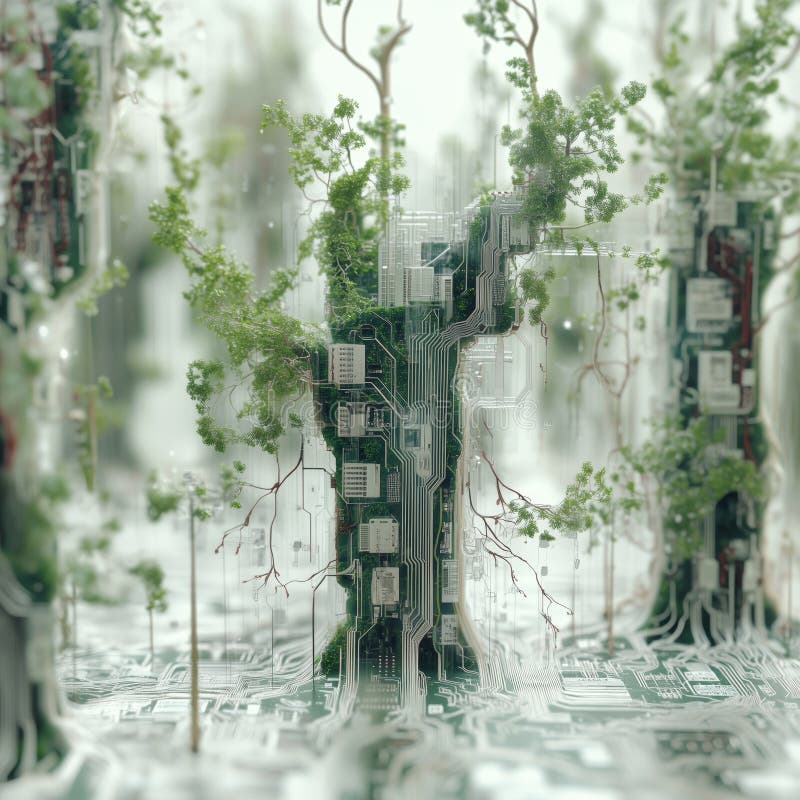 Futuristic Trees Blend Nature with Technology in a Serene Green ...