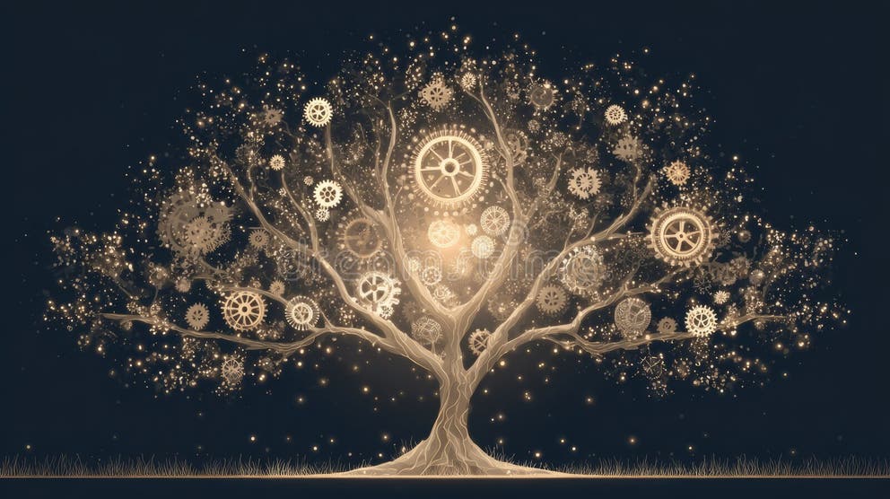 Futuristic Trees with Glowing Mechanical Gears Stock Image - Image of ...