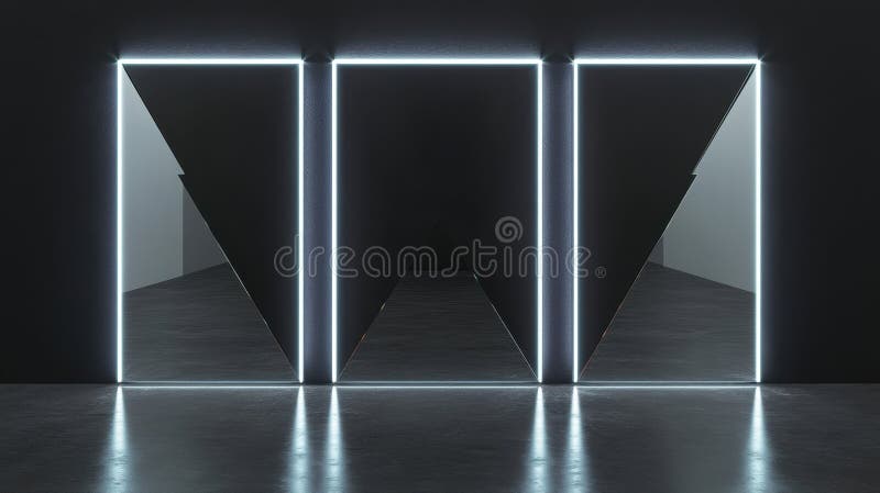Futuristic Triangle Light Installation in Dark Minimalist Room Stock ...