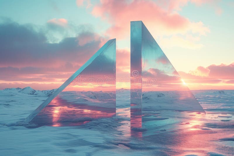 Futuristic Triangle Structures on Icy Landscape at Dawn Stock ...