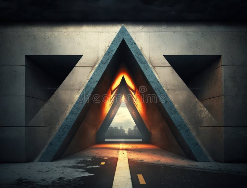 Futuristic Triangular Glowing Tunnel from Concrete Block Asphalt. AI ...