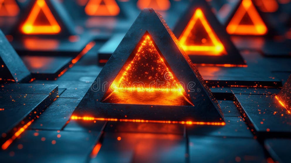 A Futuristic Triangular Structure with Glowing Edges in an Industrial ...