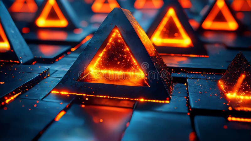 A Futuristic Triangular Structure with Glowing Edges in an Industrial ...