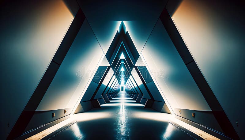 Futuristic Triangular Tunnel with Blue Neon, Ai Generative Illustration ...