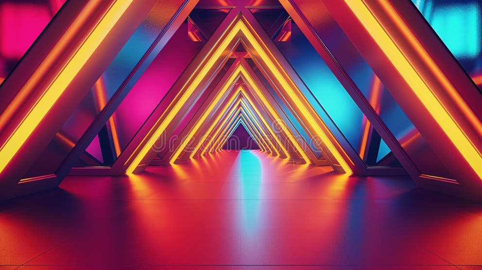 Futuristic Triangular Tunnel with Vibrant Neon Lights in Abstract Space ...