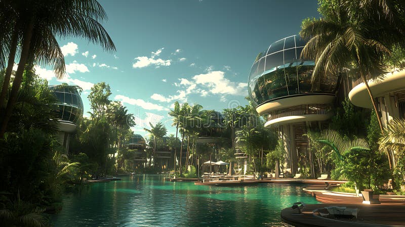 Futuristic Tropical Resort Complex Stock Illustration - Illustration of ...