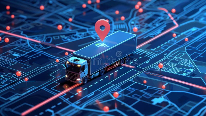 Futuristic Truck on a Digital Map with Location Pins, Representing ...
